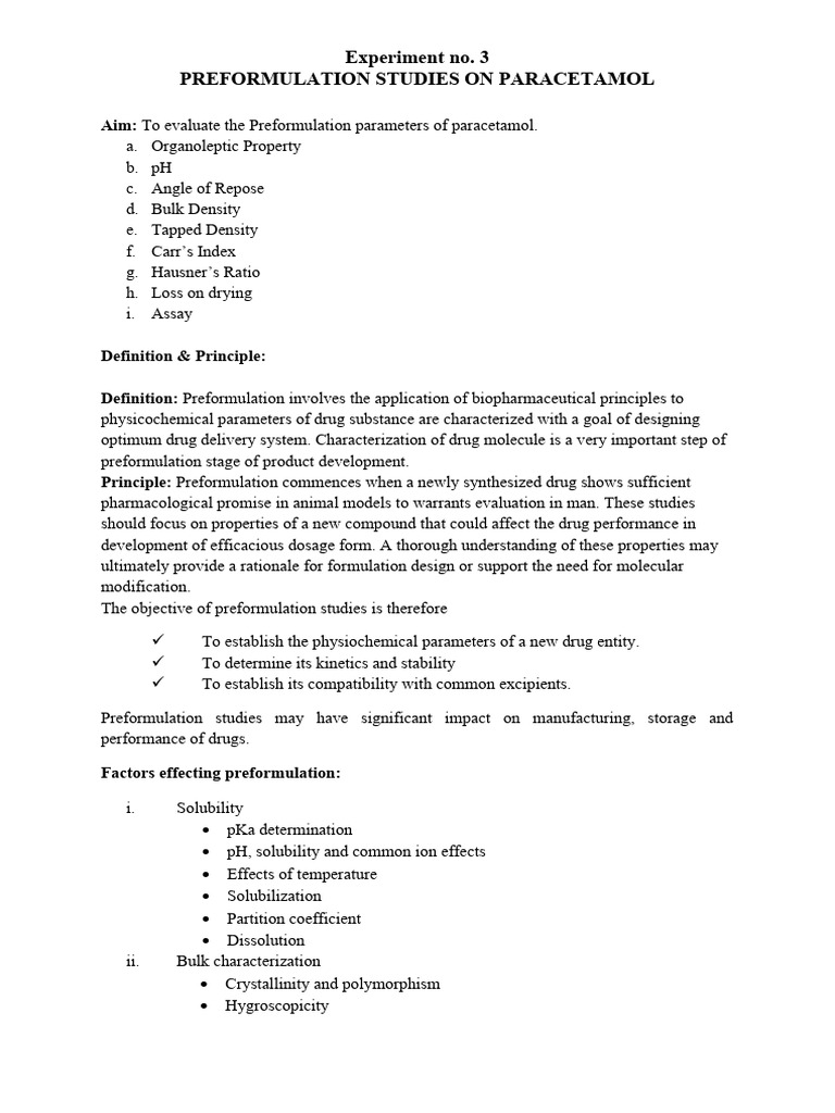 Preformulation Study of Paracetamol | PDF | Density | Solubility