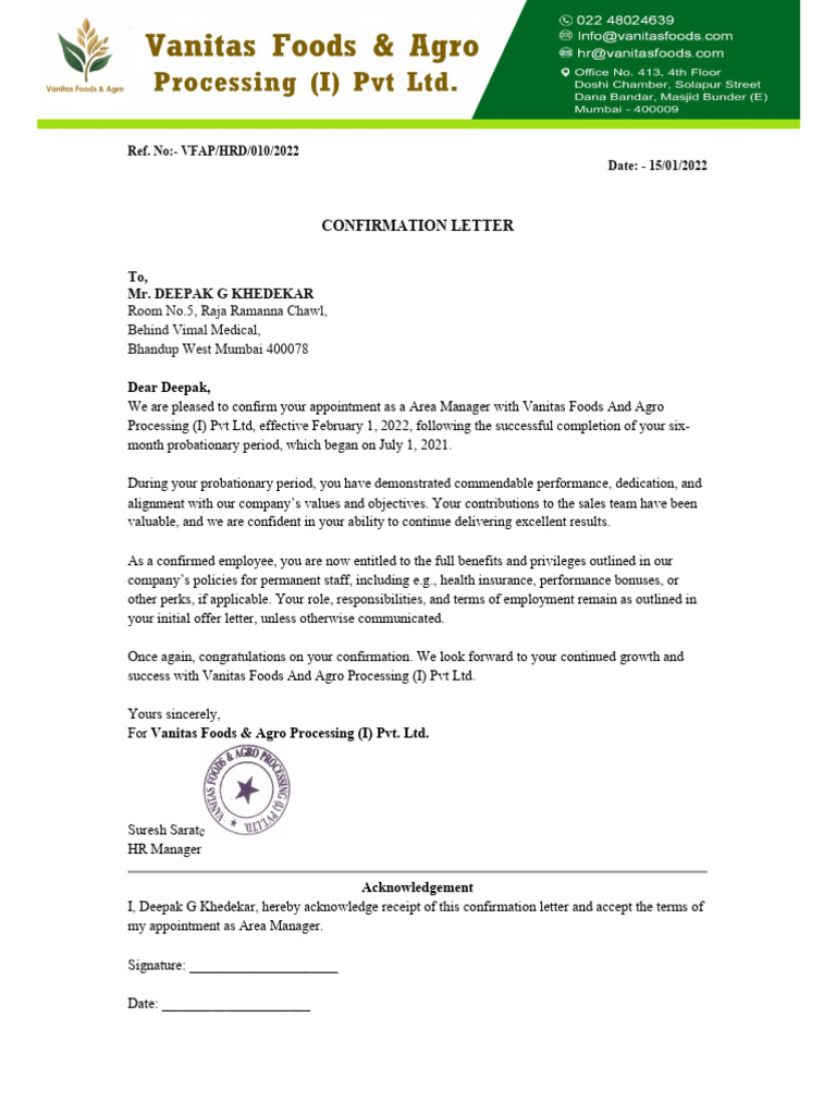 Area Manager Appointment Confirmation | PDF