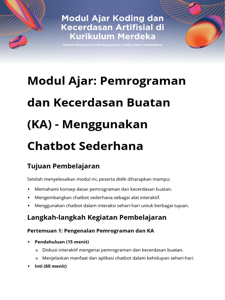 Modul Ajar Pemrograman Dan Kecerdasan Buatan (KA) - Menggunakan Chatbot Sederhana | PDF