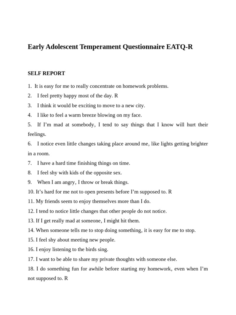 Early Adolescent Temperament Questionnaire EATQ | PDF
