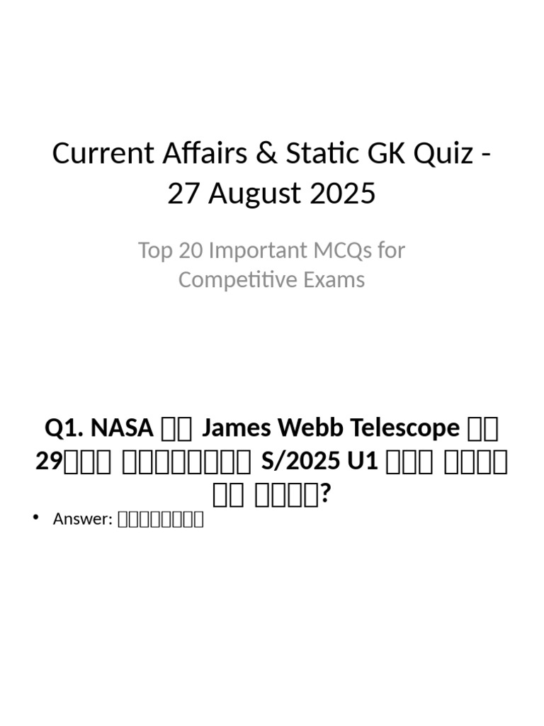 Current Affairs Static GK 27 August 2025 | PDF