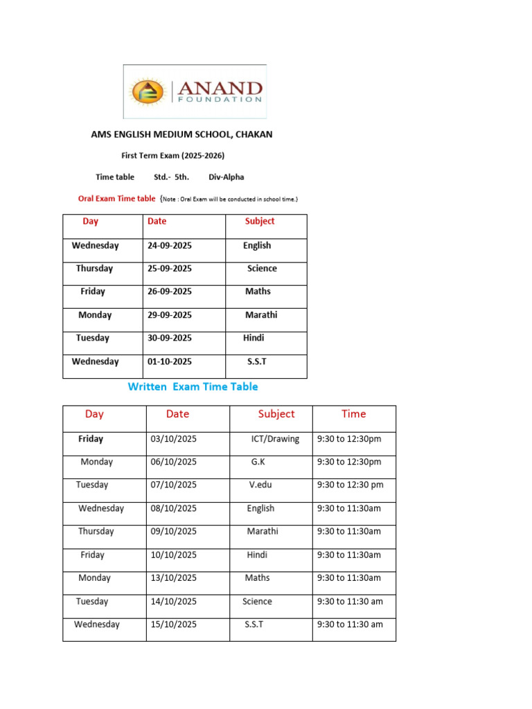 First Term Exam Time Table 5th Alpha | PDF