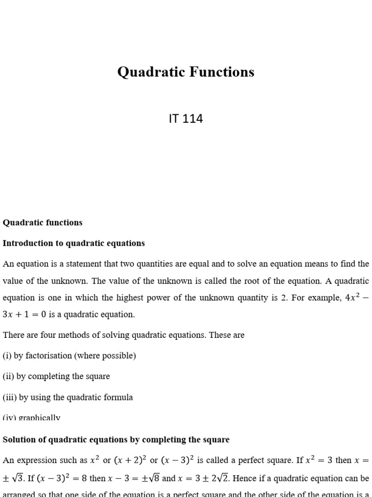Quadratic Functions and Inequalities IT 114 | PDF | Quadratic Equation ...
