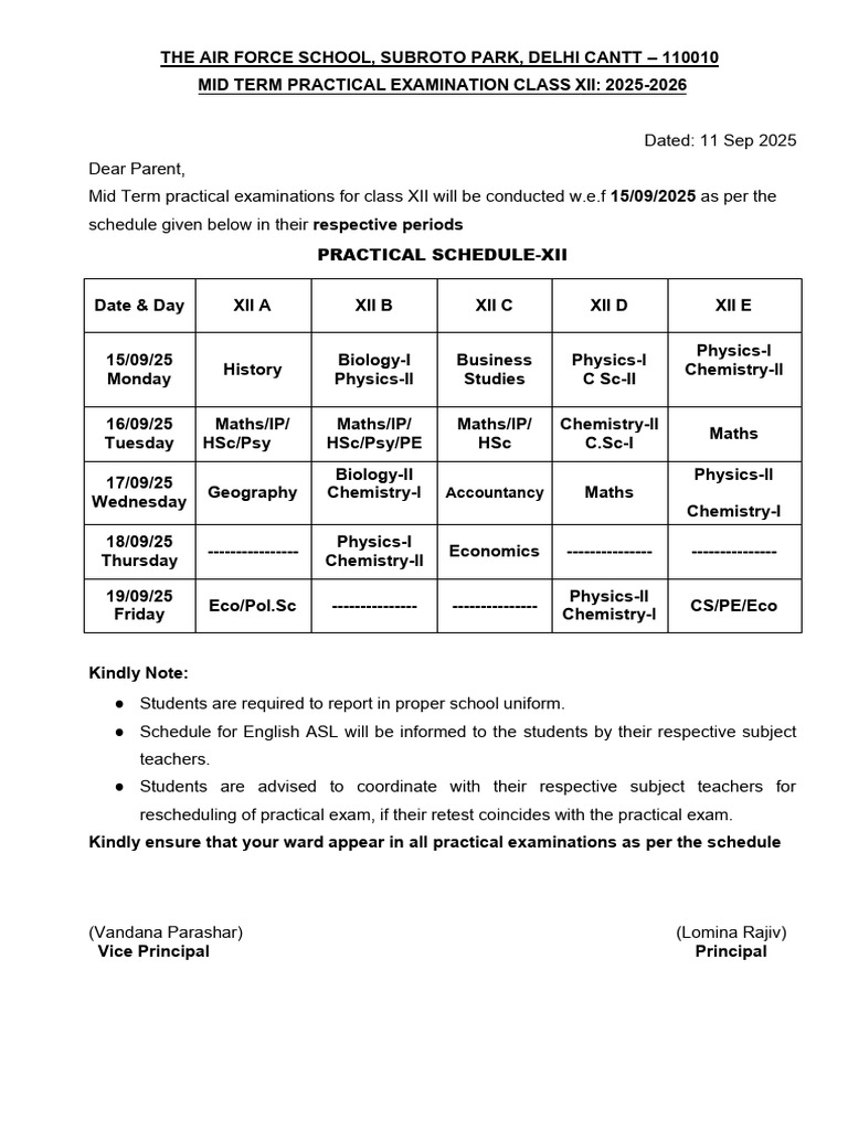Class XII Mid Term Practical Exam Schedule | PDF | Educational Stages | Schools