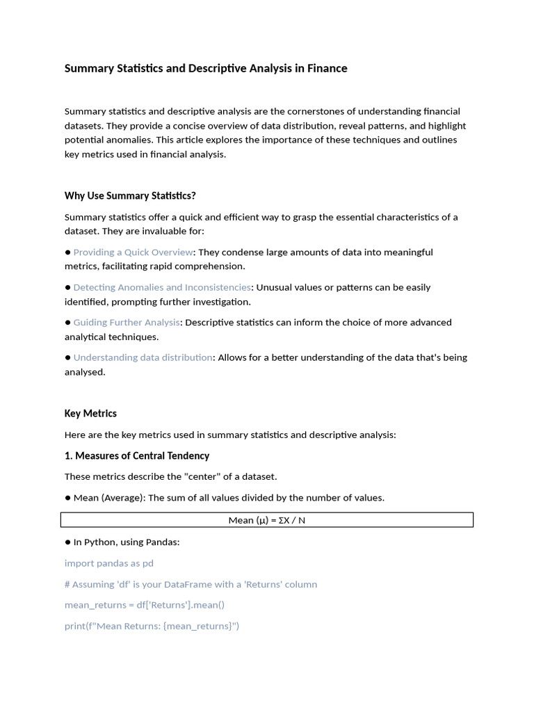 Summary Statistics and Descriptive Analysis in Finance | PDF | Descriptive Statistics ...