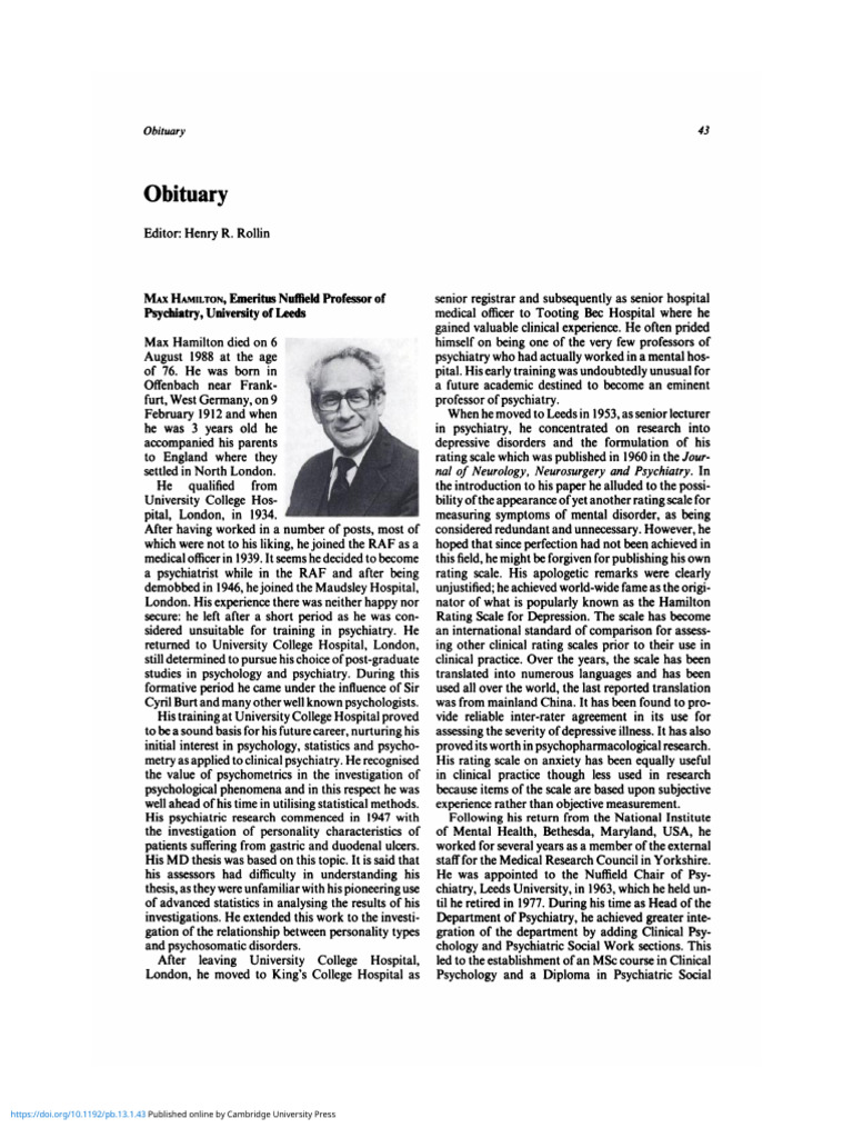 Max Hamilton: Pioneer in Psychiatry | PDF | Psychiatry | Psychology