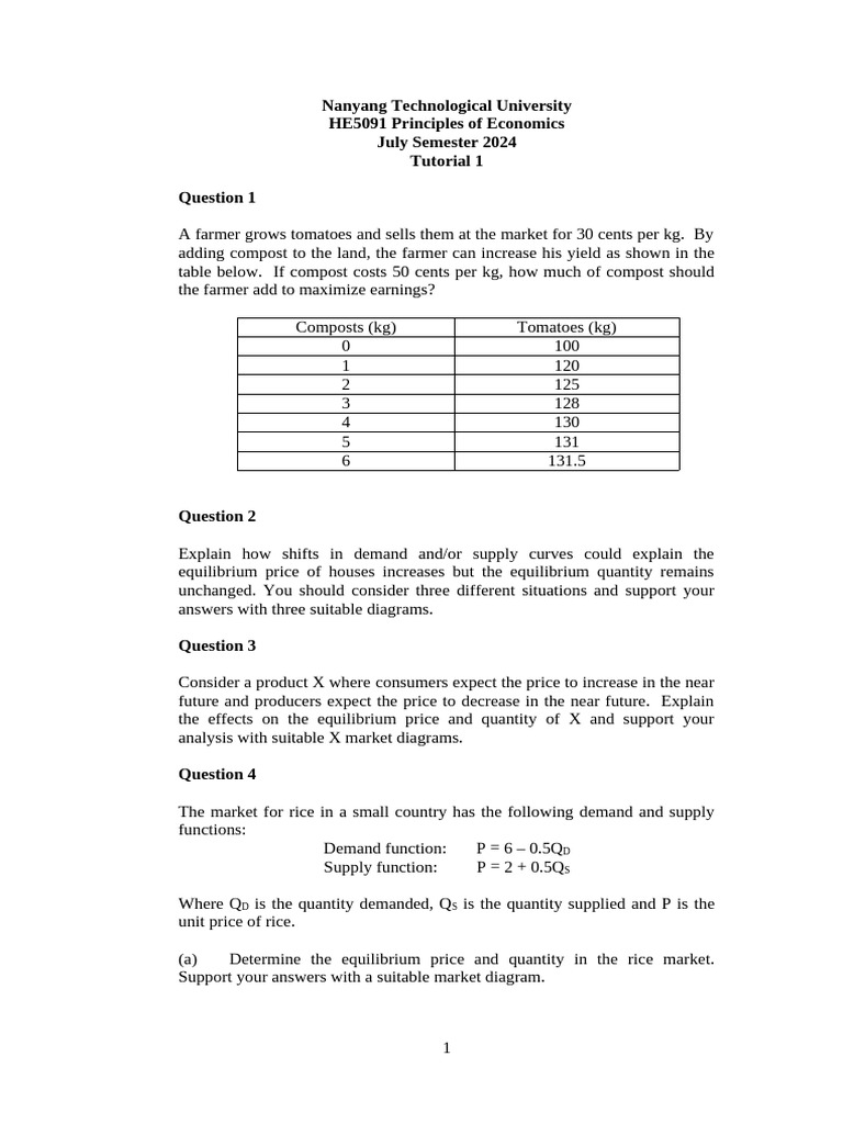 HE5091 Jul 2024 Tutorial 1.student Version | PDF | Economic Equilibrium ...