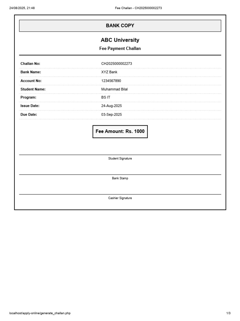 ABC University Fee Payment Challan | PDF | Service Industries | Road ...