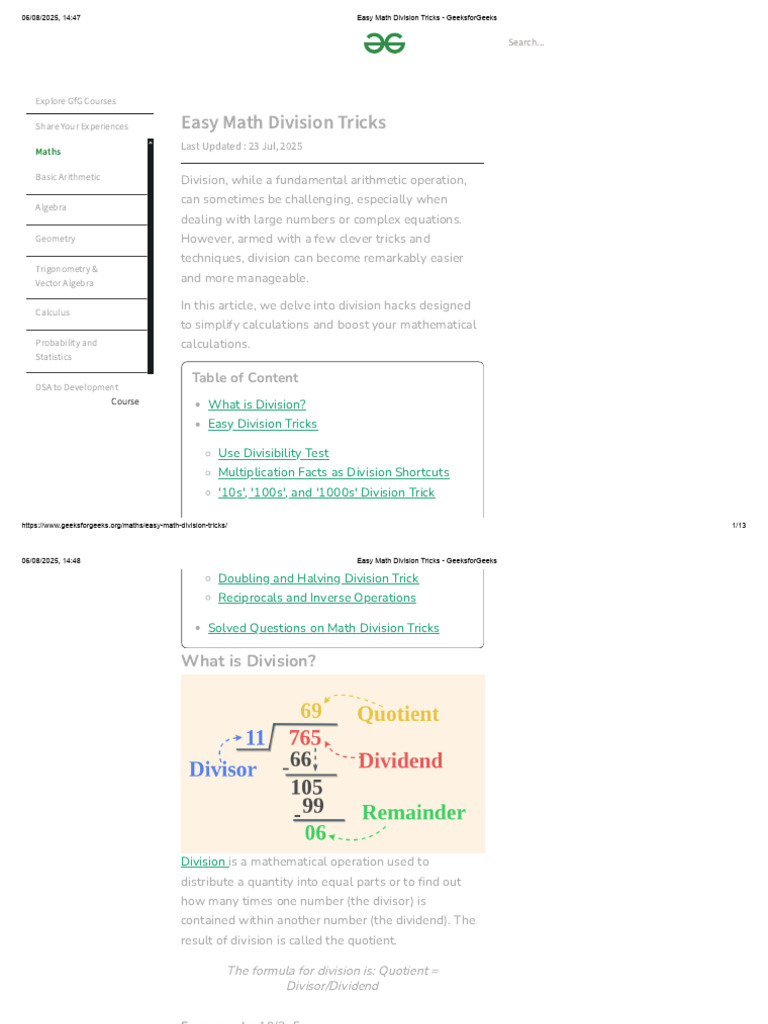 Easy Math Division Tricks - GeeksforGeeks | PDF | Division (Mathematics) | Arithmetic