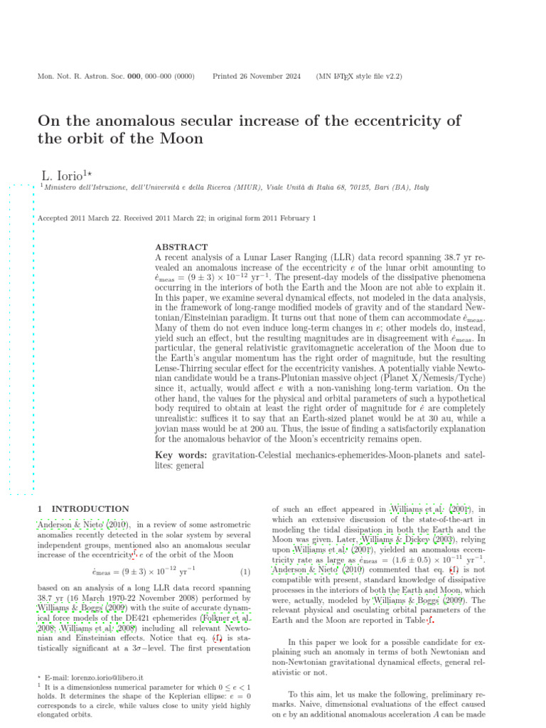 On The Anomalous Secular Increase of The Eccentricity of The Orbit of The Moon - Monthly Notices ...