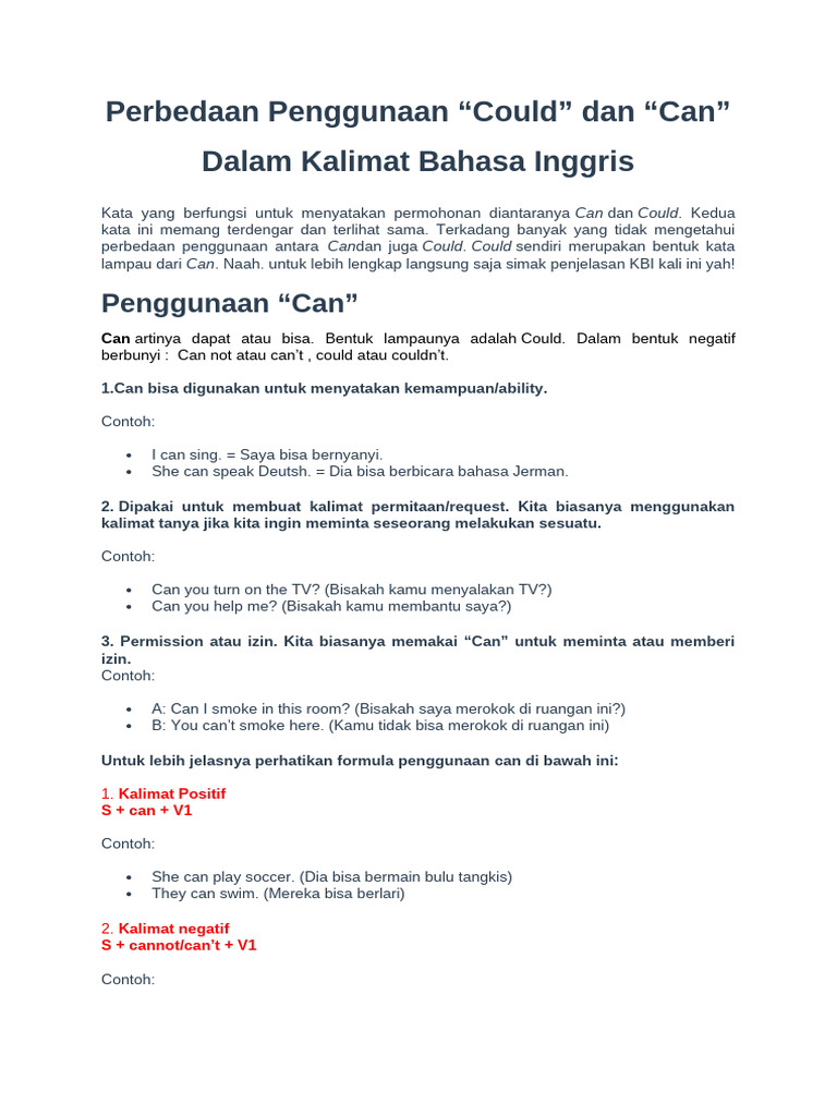 Perbedaan Penggunaan "Can" dan "Could" | PDF