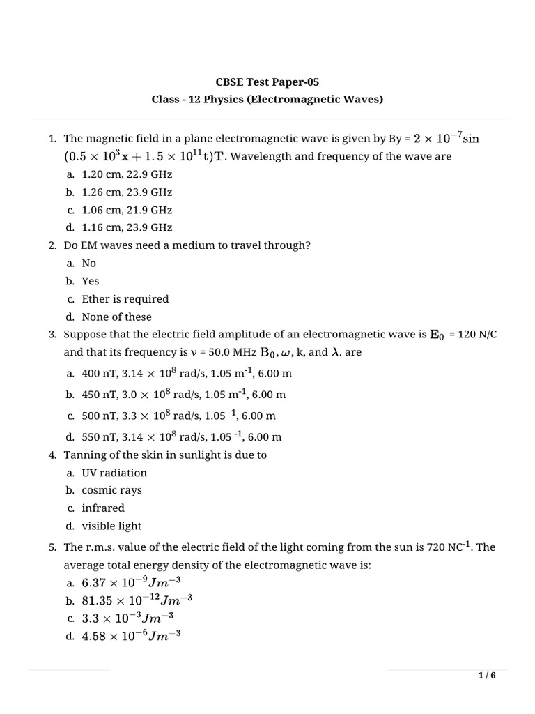 CBSE Class 12 Physics EM Waves Test | PDF | Electromagnetic Radiation ...