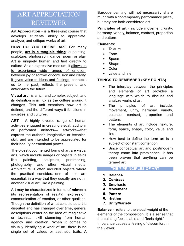 Art Appreciation Reviewer | PDF | Composition (Visual Arts) | Liberal Arts Education