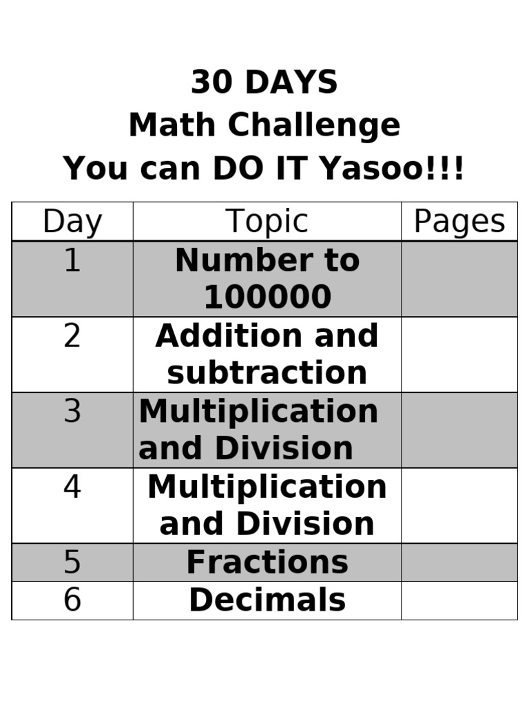 30-Day Math Challenge for Kids | PDF