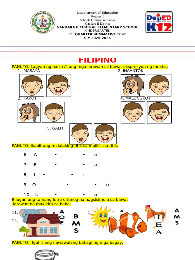 FIRST QUARTER SUMMATIVE TEST Kindergarten (SY 2025-2026) | PDF