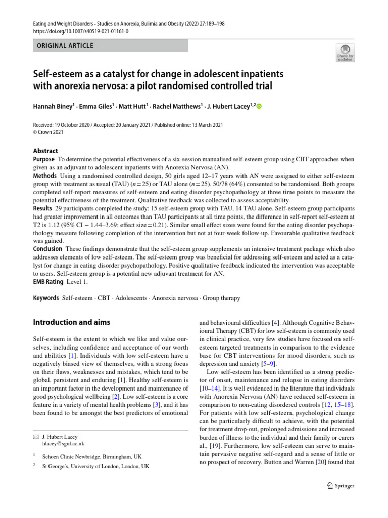 Self Esteem As A Catalyst For Change in Adolescent Inpatients | PDF ...