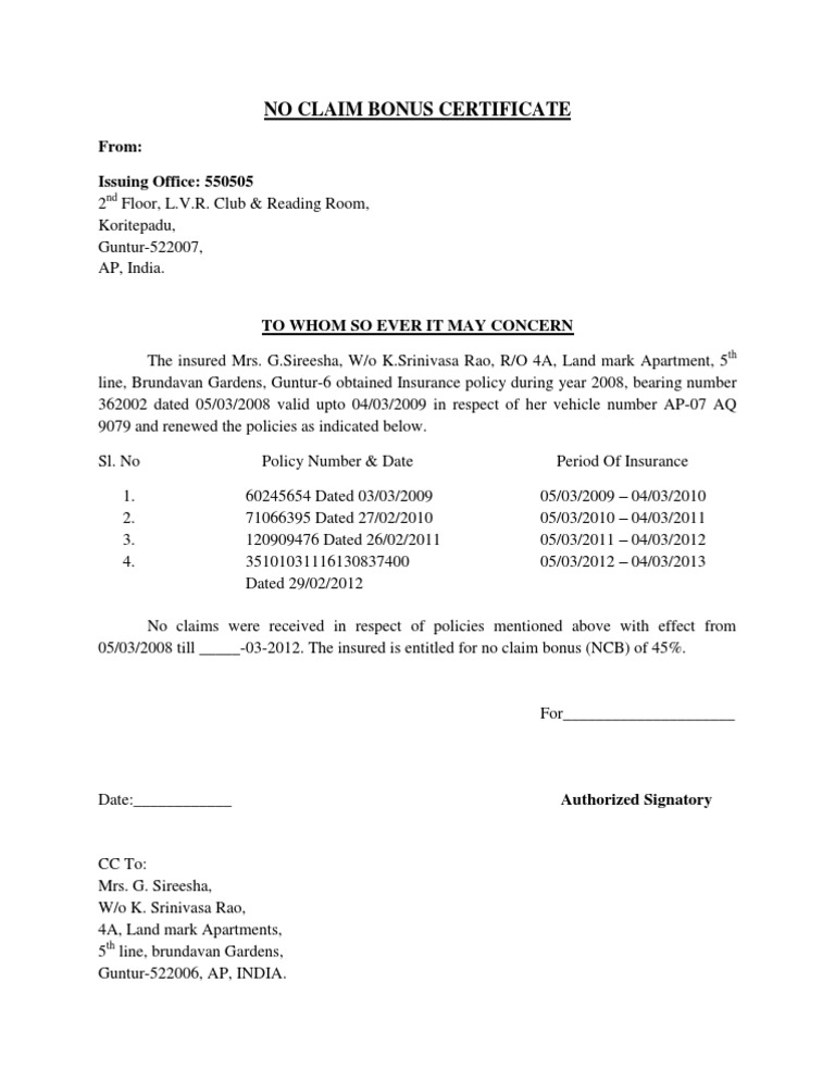 No Claim Bonus Certificate for G. Sireesha | PDF | Finance & Money ...