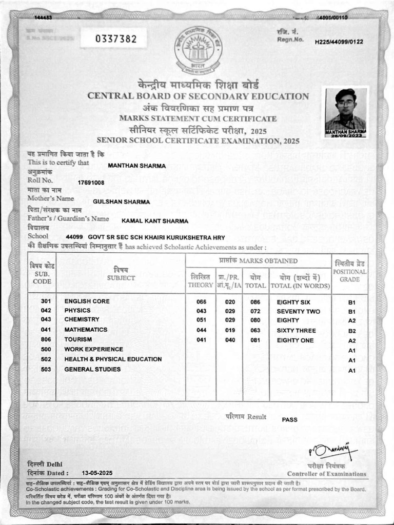 Class 12 Marksheet | PDF
