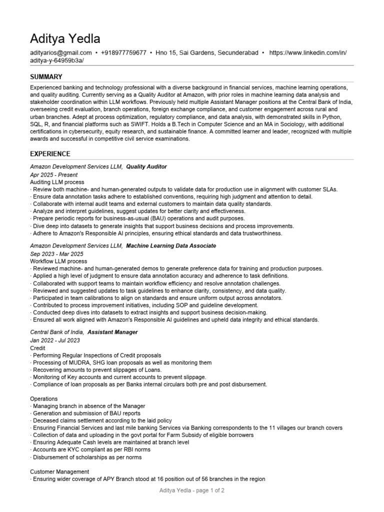 Resume Aditya Yedla Zeta | PDF | Audit | Machine Learning