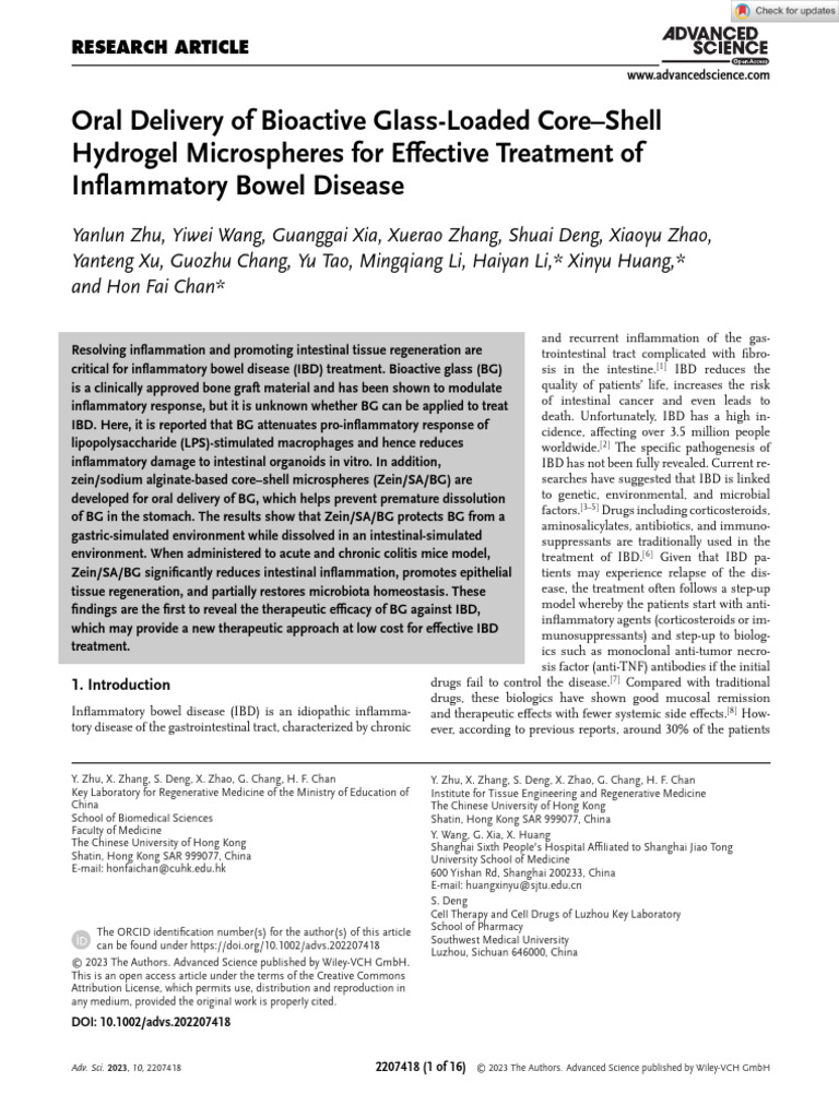 Advanced Science - 2023 - Zhu - Oral Delivery of Bioactive Glass‐Loaded Core Shell Hydrogel ...
