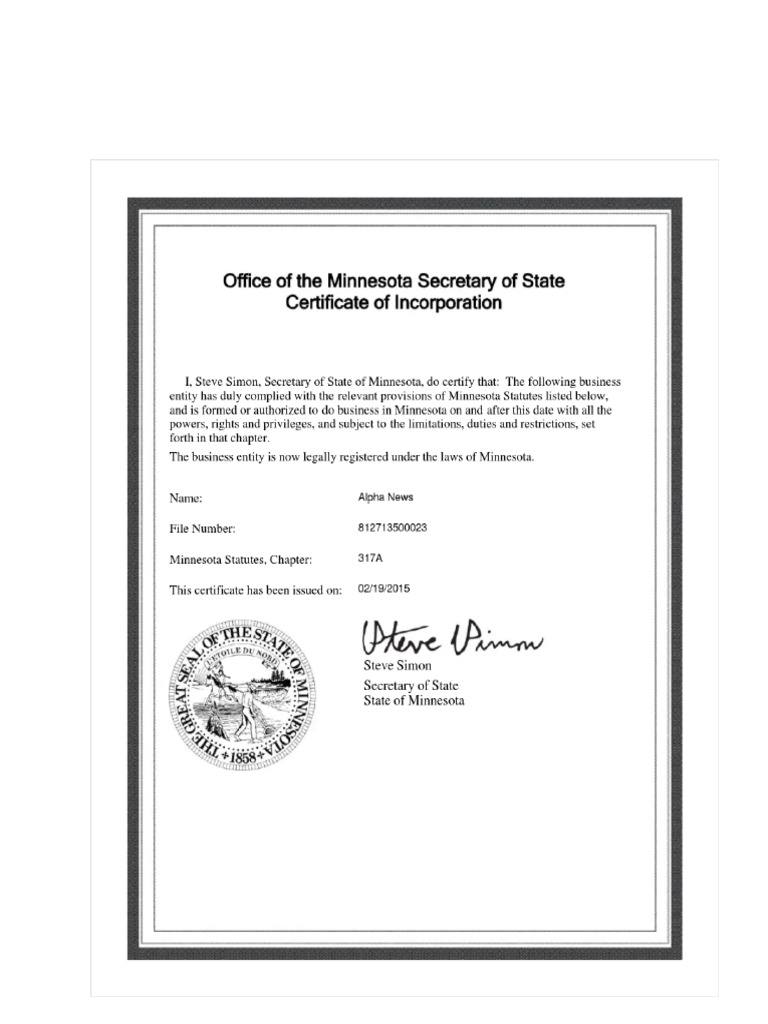 Incorporation Certificate Minnesota | PDF