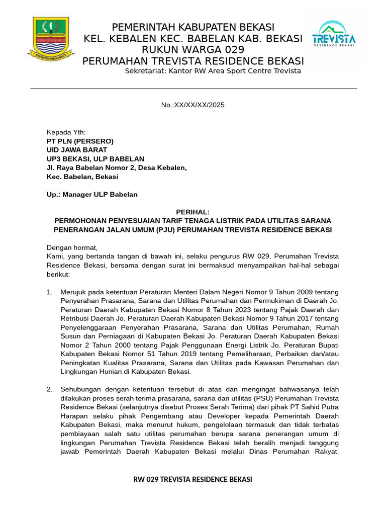 Surat Perm RW 029 - PLN Babelan (PJU) - Rev 100725 | PDF