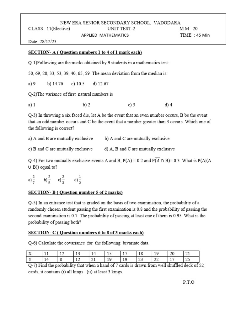 Class 11 Applied Mathematics Test | PDF | Statistics | Probability Theory
