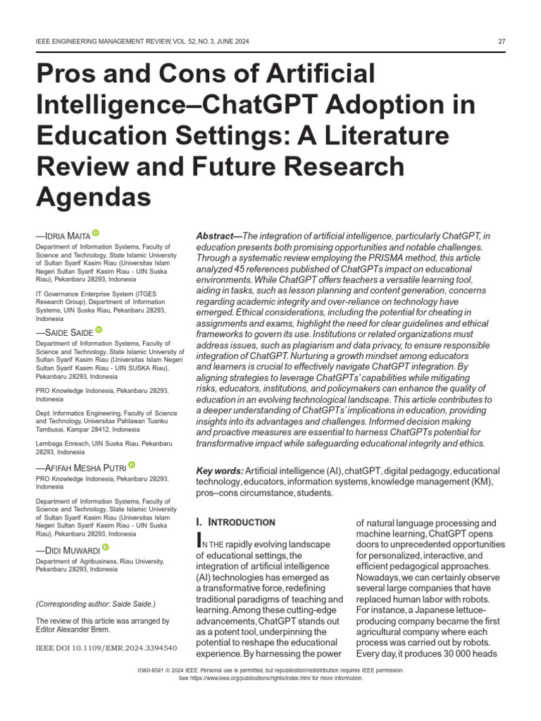 Pros and Cons of Artificial IntelligenceChatGPT Adoption in Education Settings A Literature ...