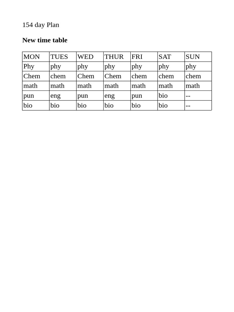 New Time Table: 154 Day Plan | PDF