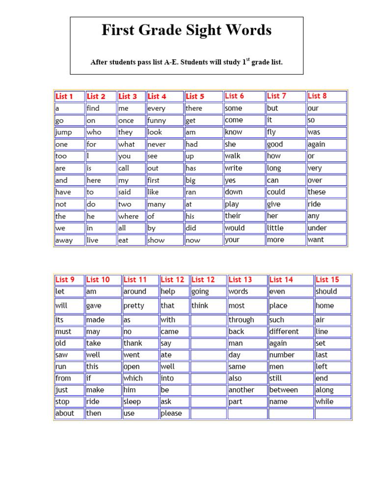 First Grade Sight Words Lists | PDF
