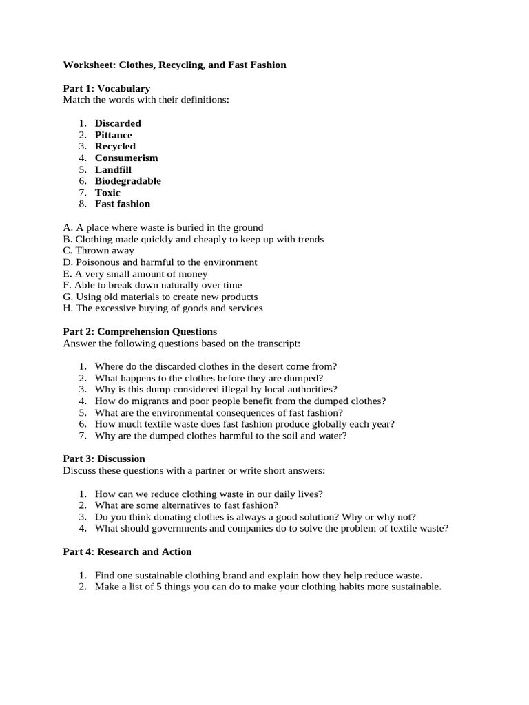 Fast Fashion Vocabulary Worksheet | PDF