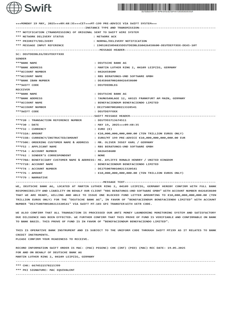 MT-199 Pre-Advice for Benefaciendum | PDF | Banking | Financial Services
