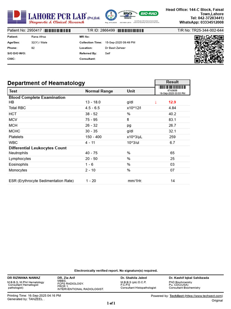 Department of Heamatology: Result Test Normal Range Unit Blood Complete ...