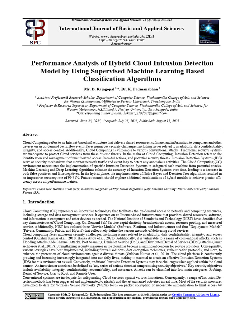 Performance Analysis of Hybrid Cloud Intrusion Det | PDF | Machine Learning | Computer Security