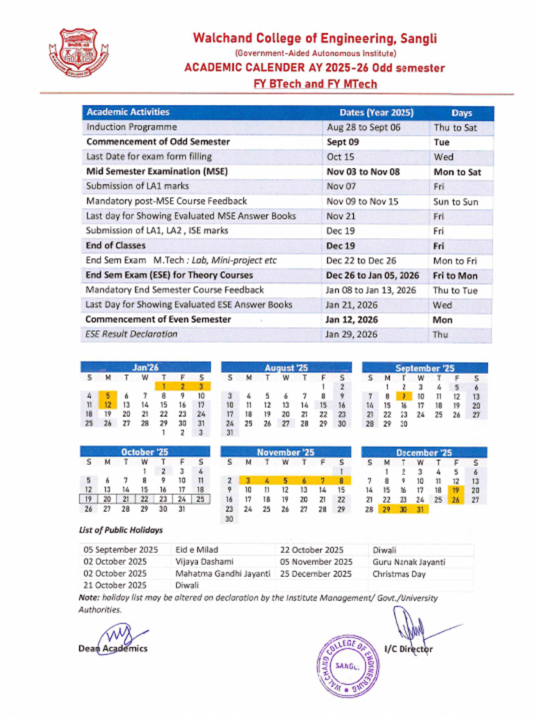 FY BTech and FY MTech Academic Calendar Odd Sem AY 25-26 | PDF