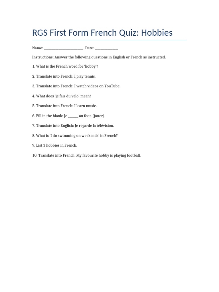 RGS First Form French Quiz Hobbies | PDF