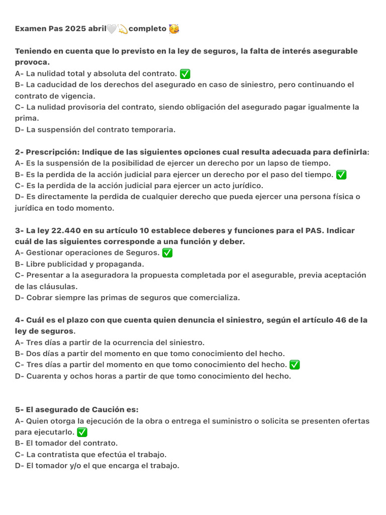 Examen PAS 2025: Preguntas Clave | PDF | Póliza de seguros | Seguro