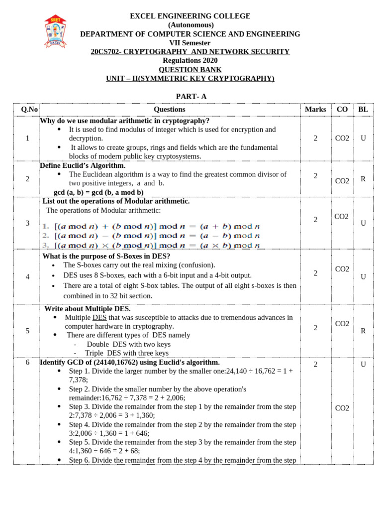 Cns_unit_2 Qb With Answer (1) | PDF | Encryption | Key (Cryptography)