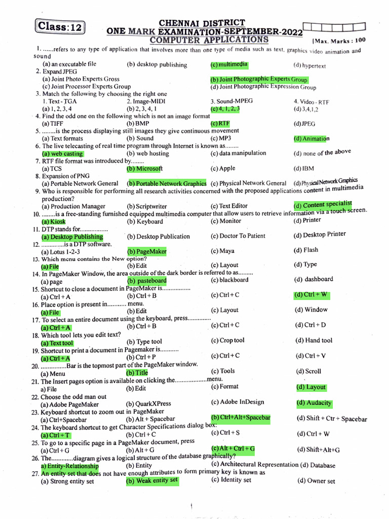 12th Computer Applications One Mark Q&A | PDF | Computing | Computer ...