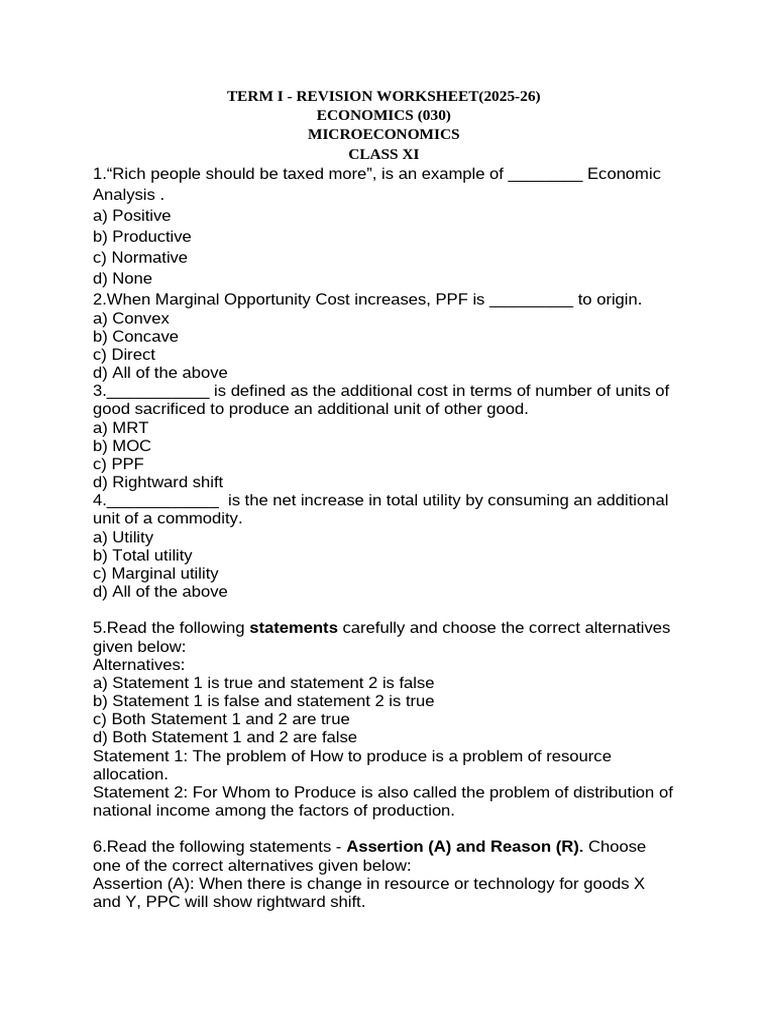 Microeconomics - Term-1 Revision Worksheet | PDF | Demand | Elasticity ...