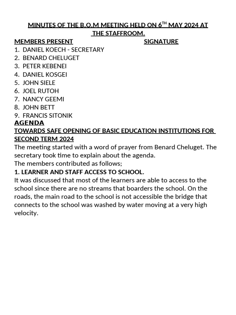 B.O.M Meeting Minutes: Safe School Opening | PDF