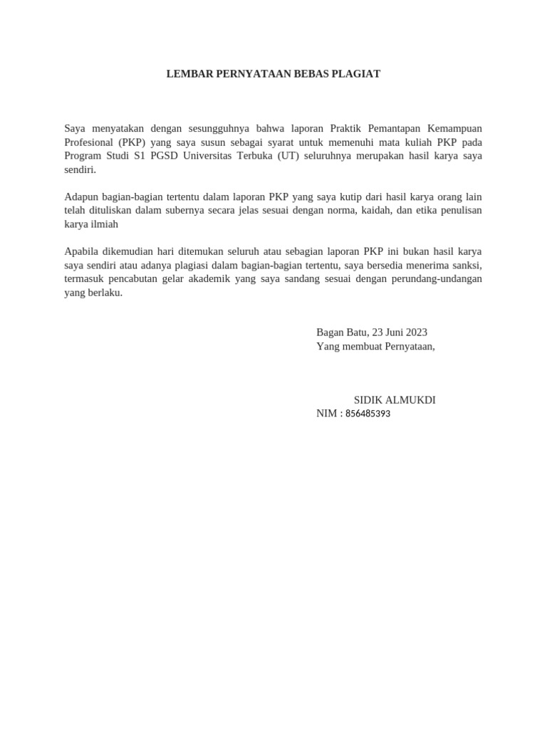 Lembar Pernyataan Bebas Plagiat | PDF