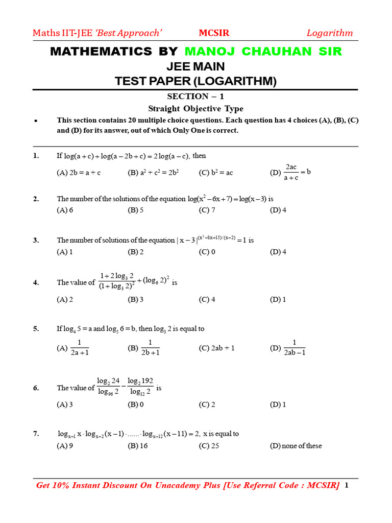 JEE Mains Logarithm Practice Questions | PDF | Logarithm | Numbers