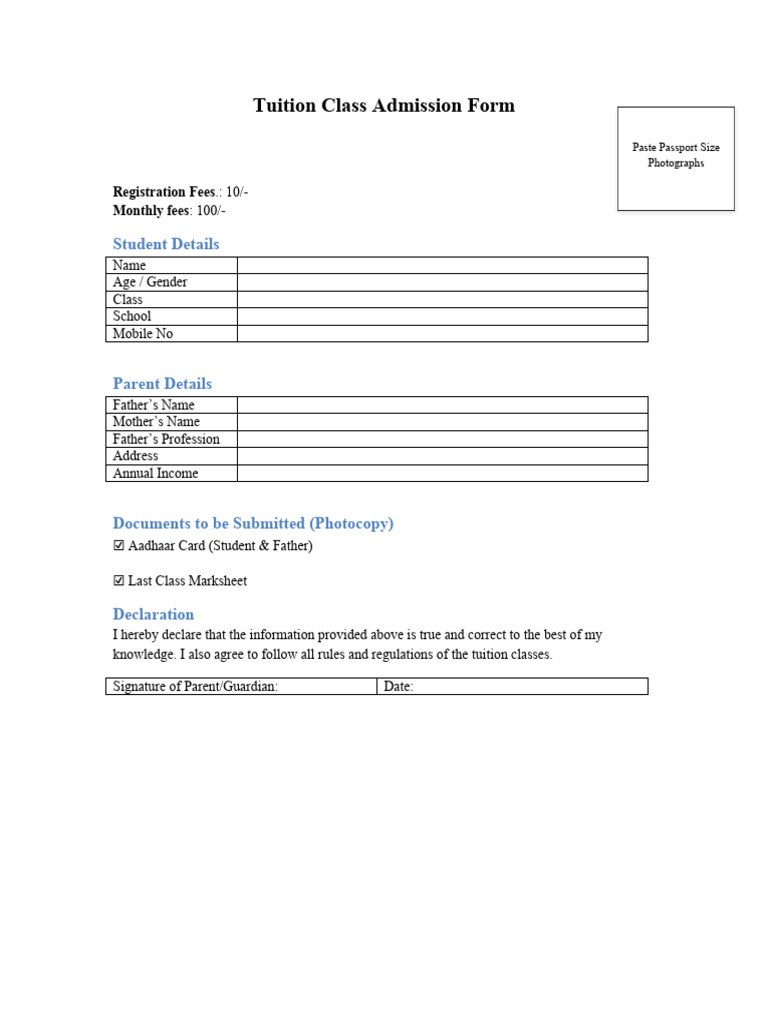 Tuition Class Admission Form Details | PDF