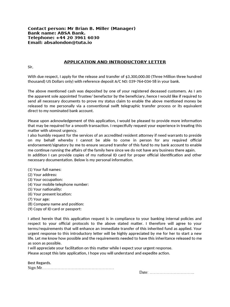 ABSA Fund Release Application Letter | PDF | Identity Document | Banks