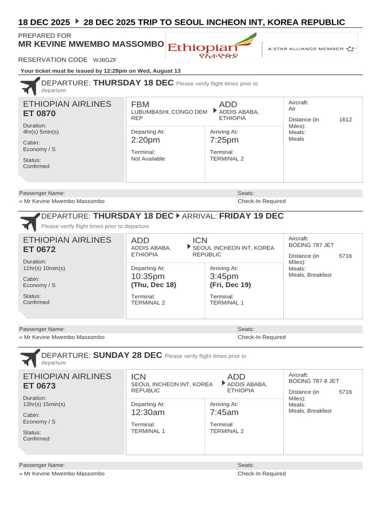 Travel Reservation December 18 For MR KEVINE MWEMBO MASSOMBO | PDF ...