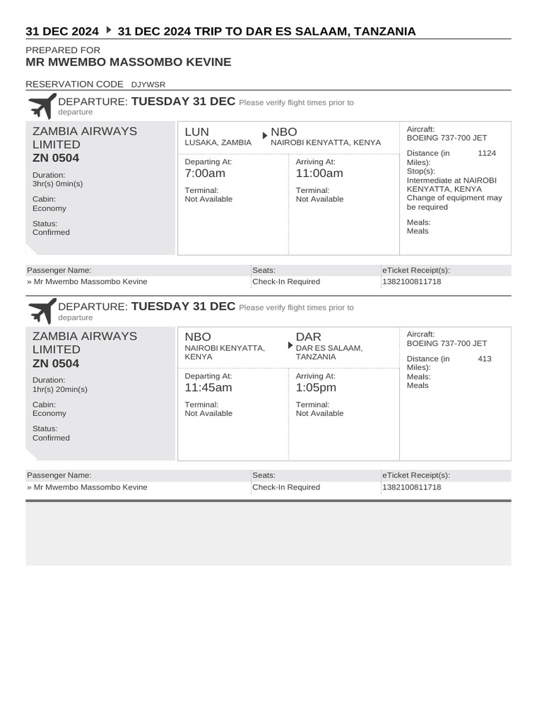 Travel Reservation December 31 For MR MWEMBO MASSOMBO KEVINE | PDF ...