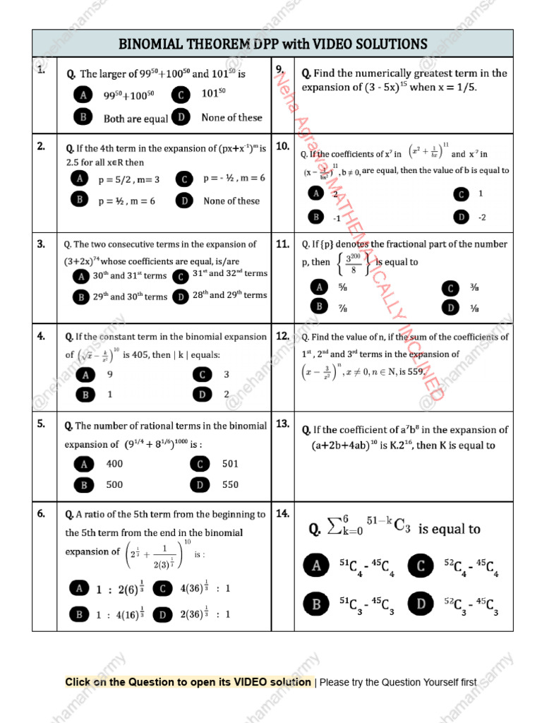 Binomial Theorem DPP with Solutions | PDF