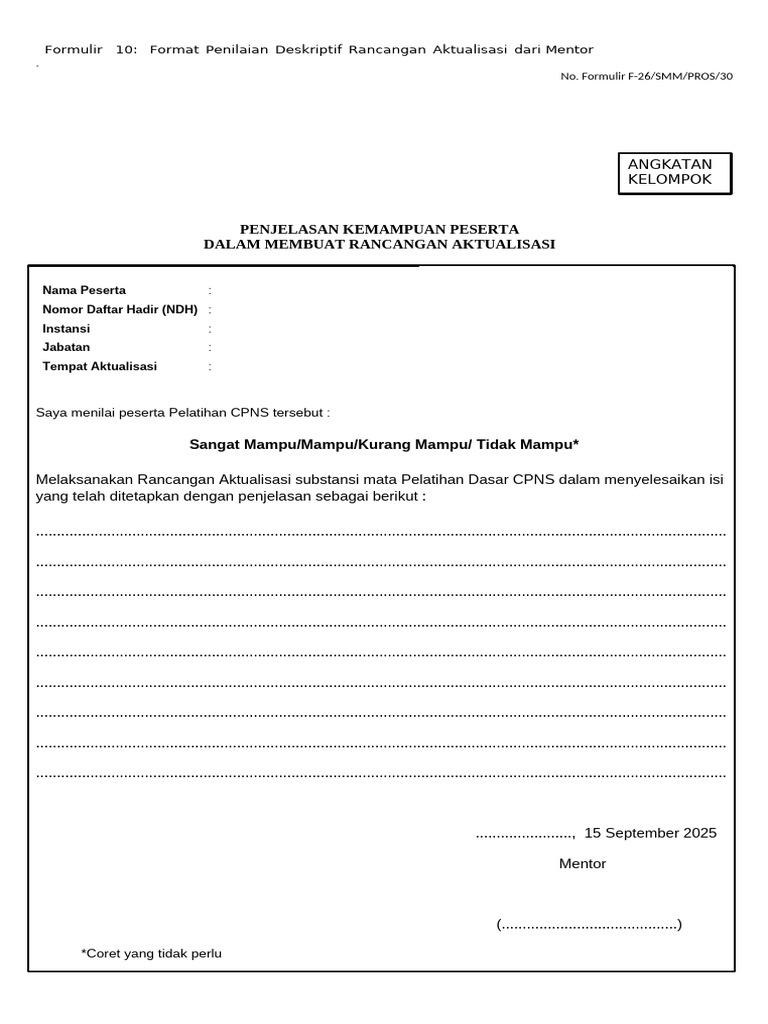 Form Nilai Seminar Rancangan Latsar 2025 Mentor | PDF