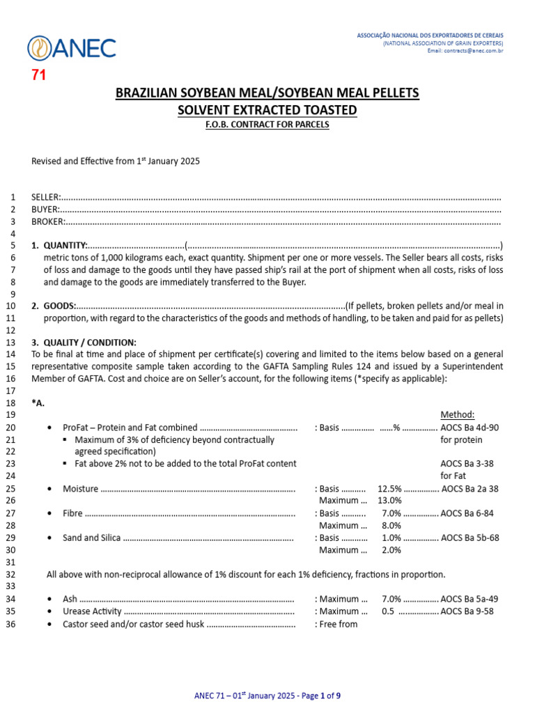 ANEC 71 - 2025 - Brazilian Soybean Meal or Pellets FOB Parcels | PDF ...